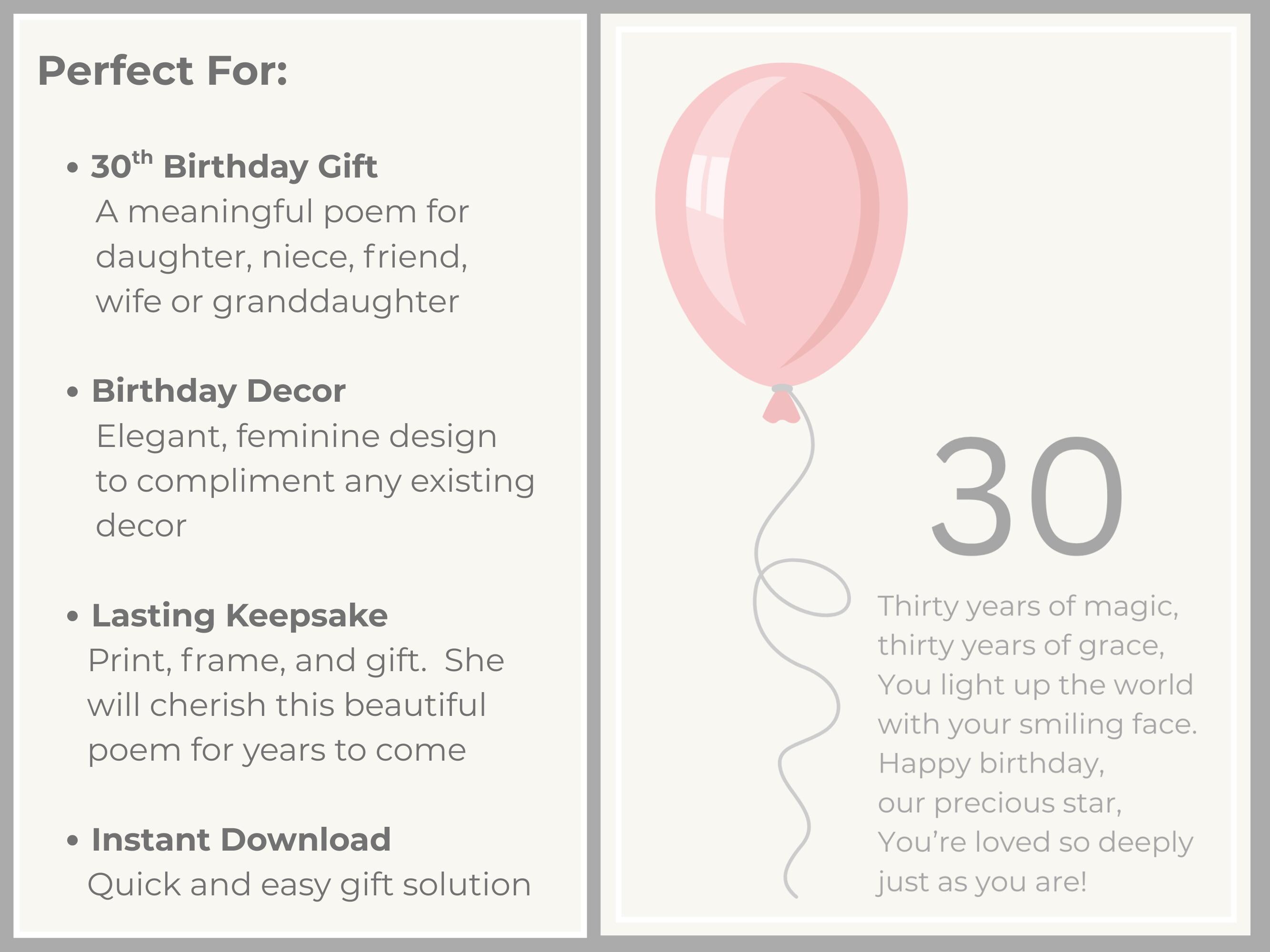 Happy 30th Birthday Poem Printable for Daughter Friend Sister Wife ...