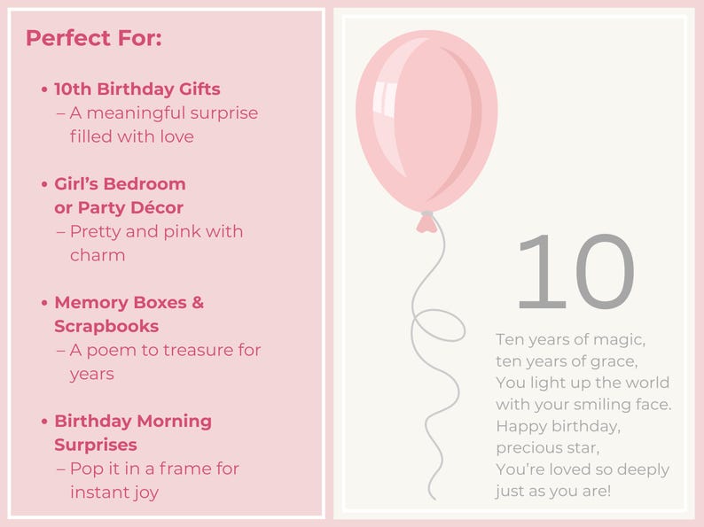 10th Birthday Poem Printable for Daughter or Granddaughter Instant ...