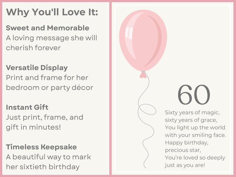 60th Birthday Poem Printable: Gift for Mom, Sister, Wife, Friend ...