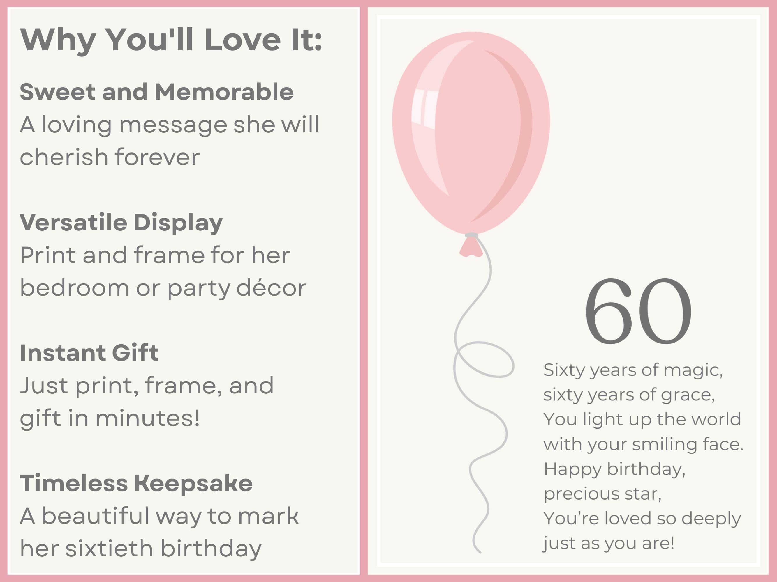 60th Birthday Poem Printable: Gift for Mom, Sister, Wife, Friend ...