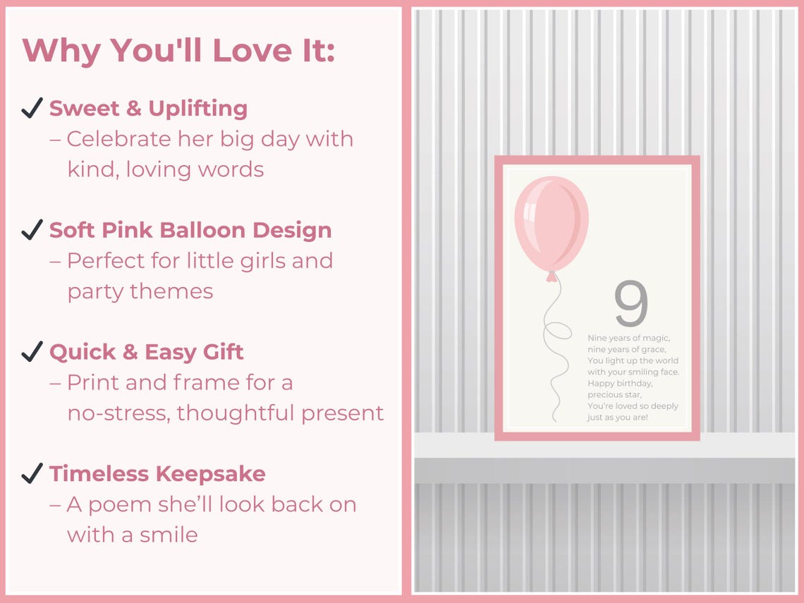 9th Birthday Poem Print for Daughter Granddaughter or Any Little Girl ...