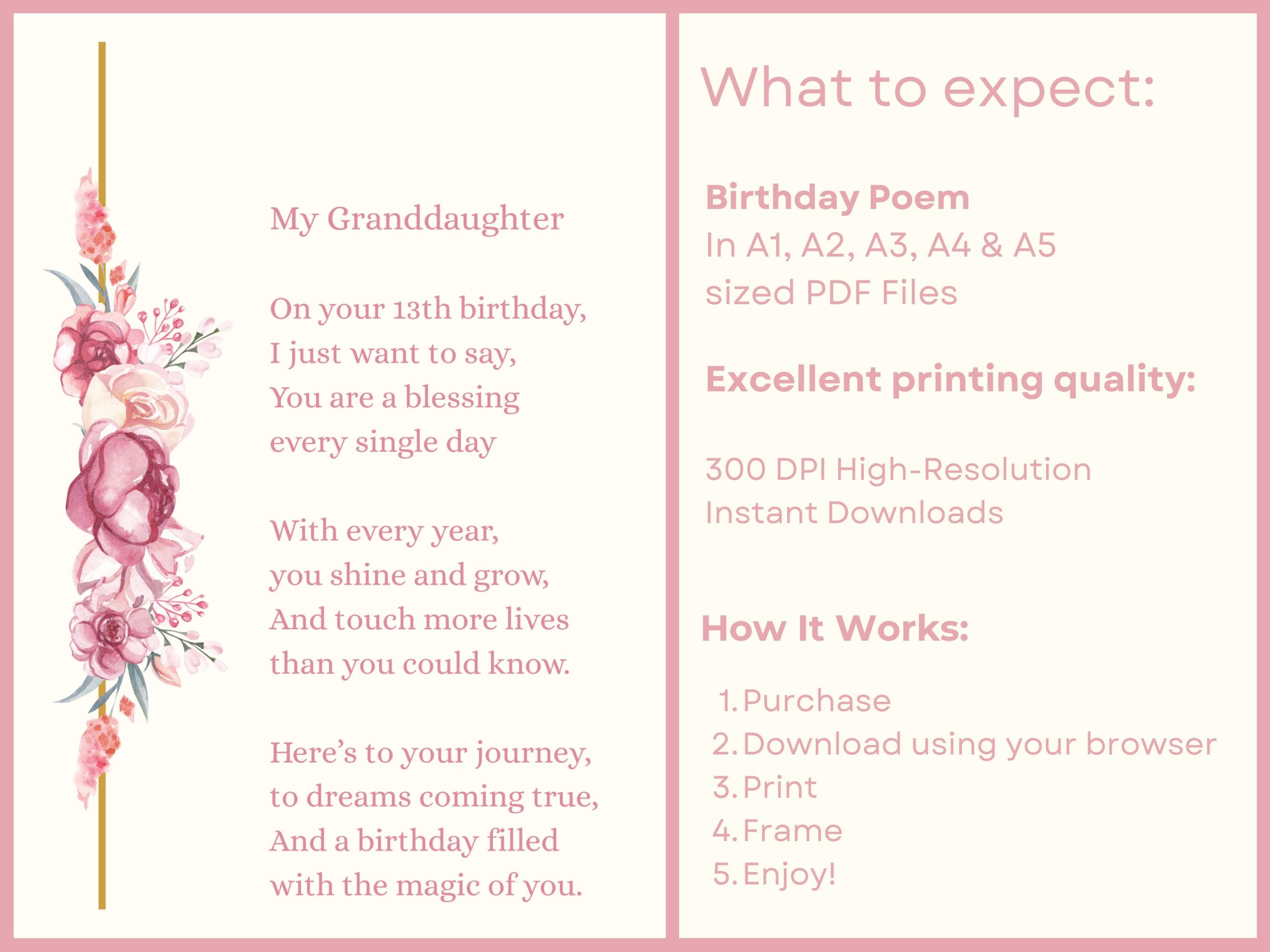 13th Birthday Poem for Granddaughter Printable Heartfelt Gift Instant ...
