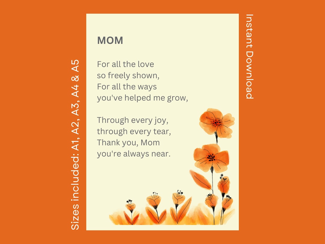 Thank You Mom Poem Printable Instant Download Mom Quotes Gift for Mom A ...
