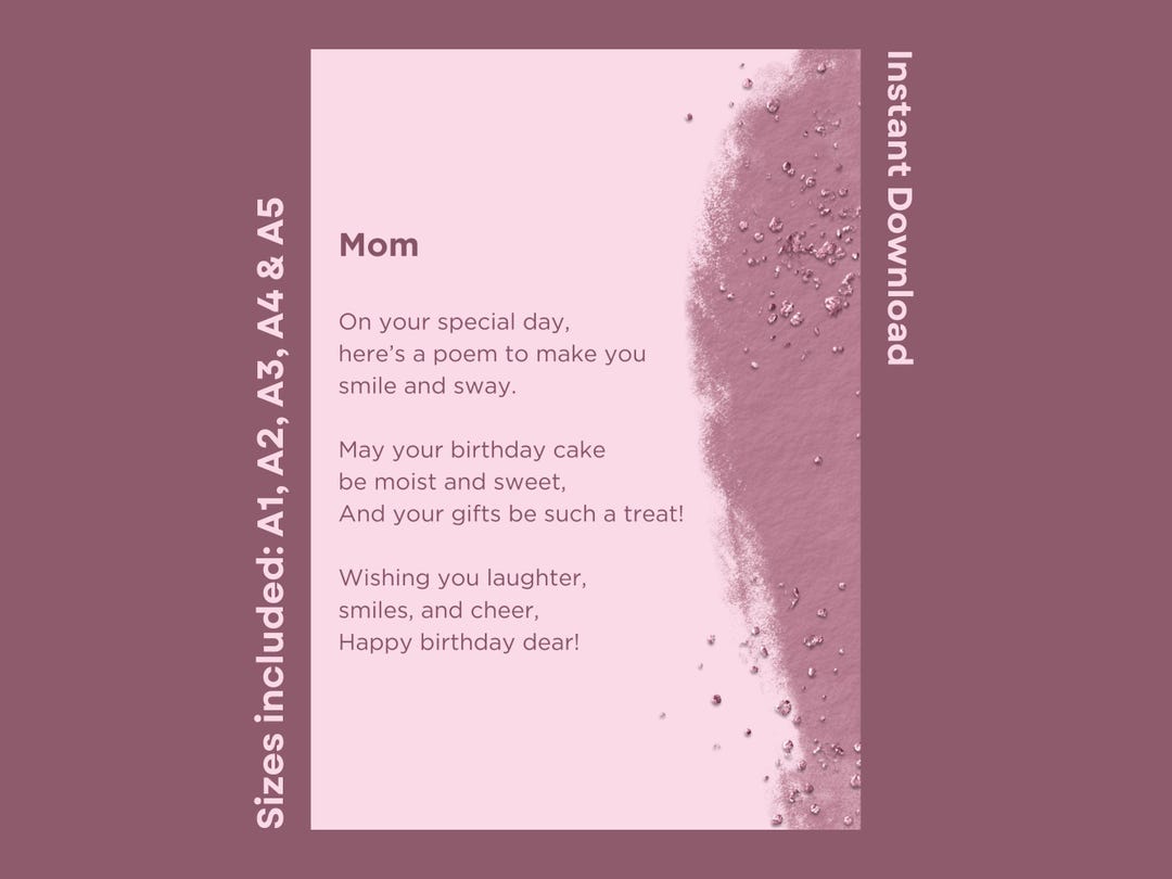 Happy Birthday Poem for Mom Printable Gift for Mother Instant Download ...