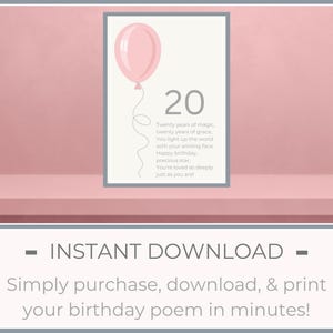 Loving 20th Birthday Poem Printable for Daughter Friend Sister ...