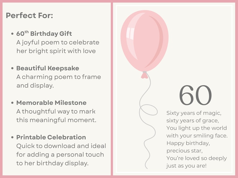 60th Birthday Poem Printable: Gift for Mom, Sister, Wife, Friend ...