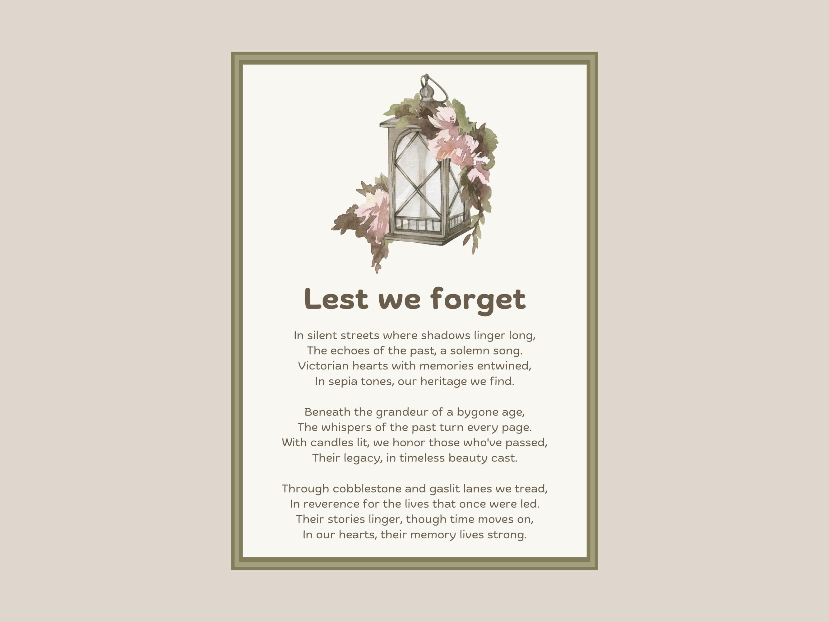 Victorian Remembrance Day Poem Print Lest We Forget Remembrance Gift ...
