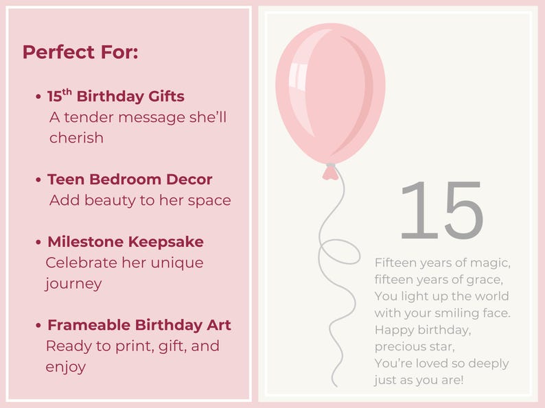 Happy 15th Birthday Poem Printable for Daughter Friend Sister Instant ...