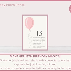 13th Birthday Poem Gift: Printable Keepsake for Teenage Girl (digital ...