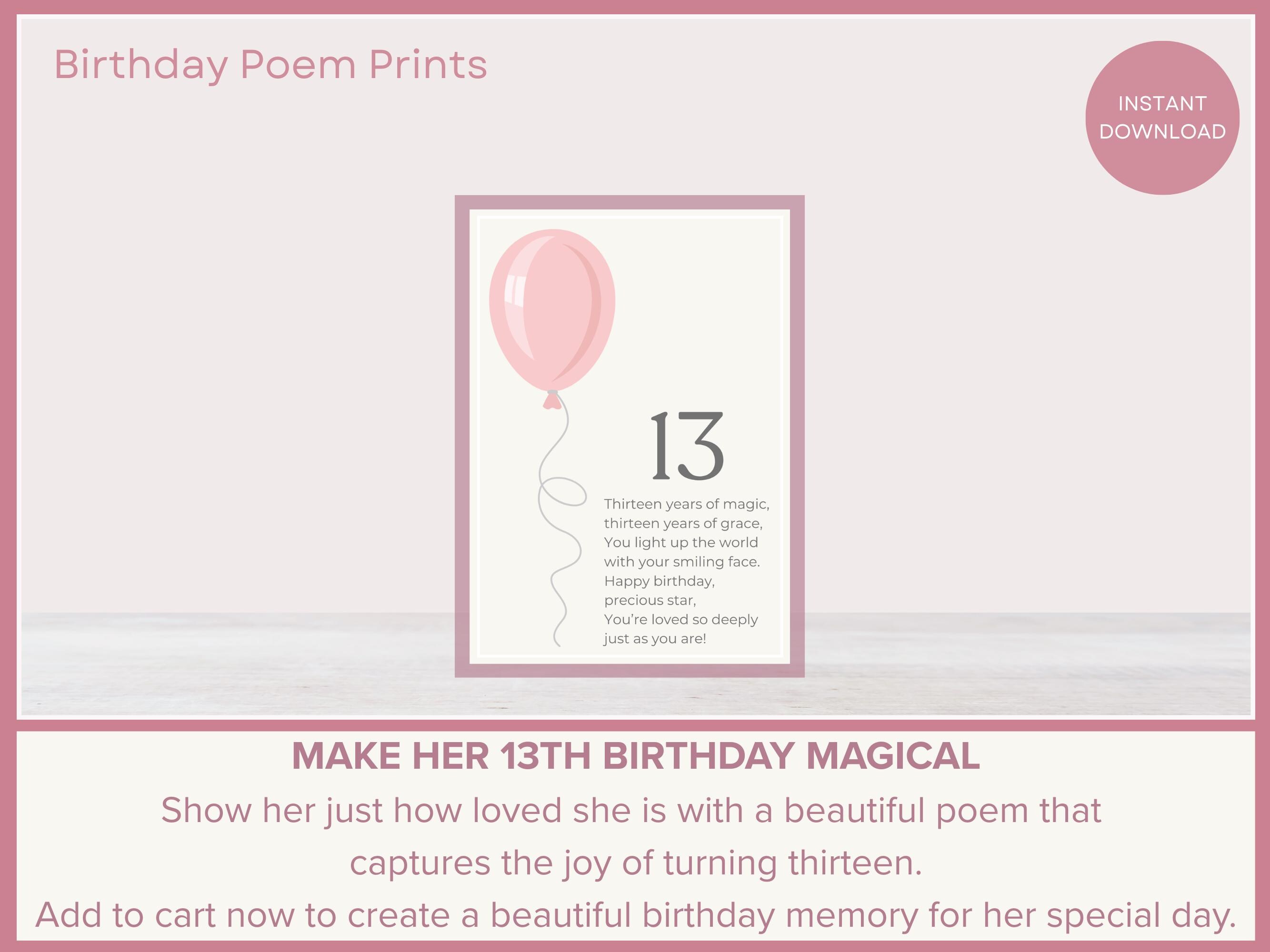 13th Birthday Poem Gift: Printable Keepsake for Teenage Girl (digital ...