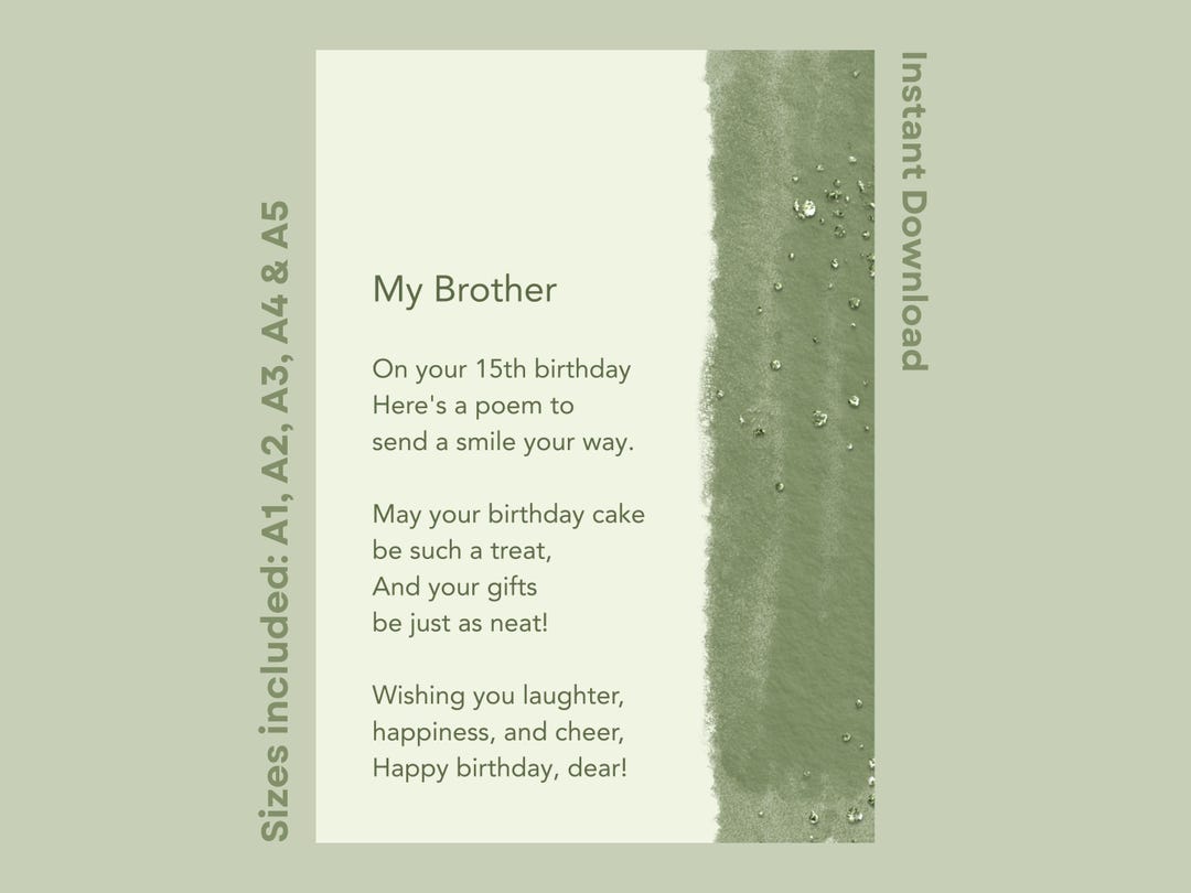 Happy 15th Birthday Poem for Brother Printable Celebration Verse for ...