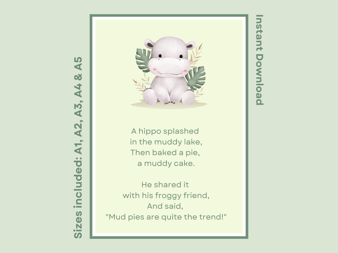 Cute Hippo Children's Rhyme Printable Animal Poem for Kids Bedroom ...