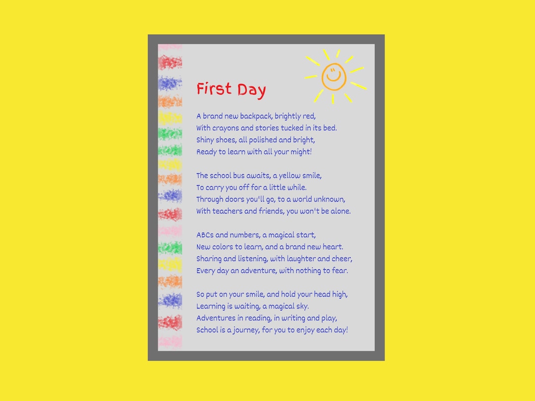 Charming Kids' First Day of School Poem Printable Wall Art, Minimalist ...