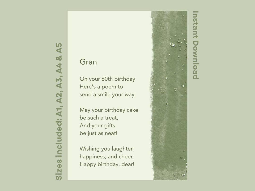 Happy 60th Birthday Poem for Gran Printable Celebration Verse for ...