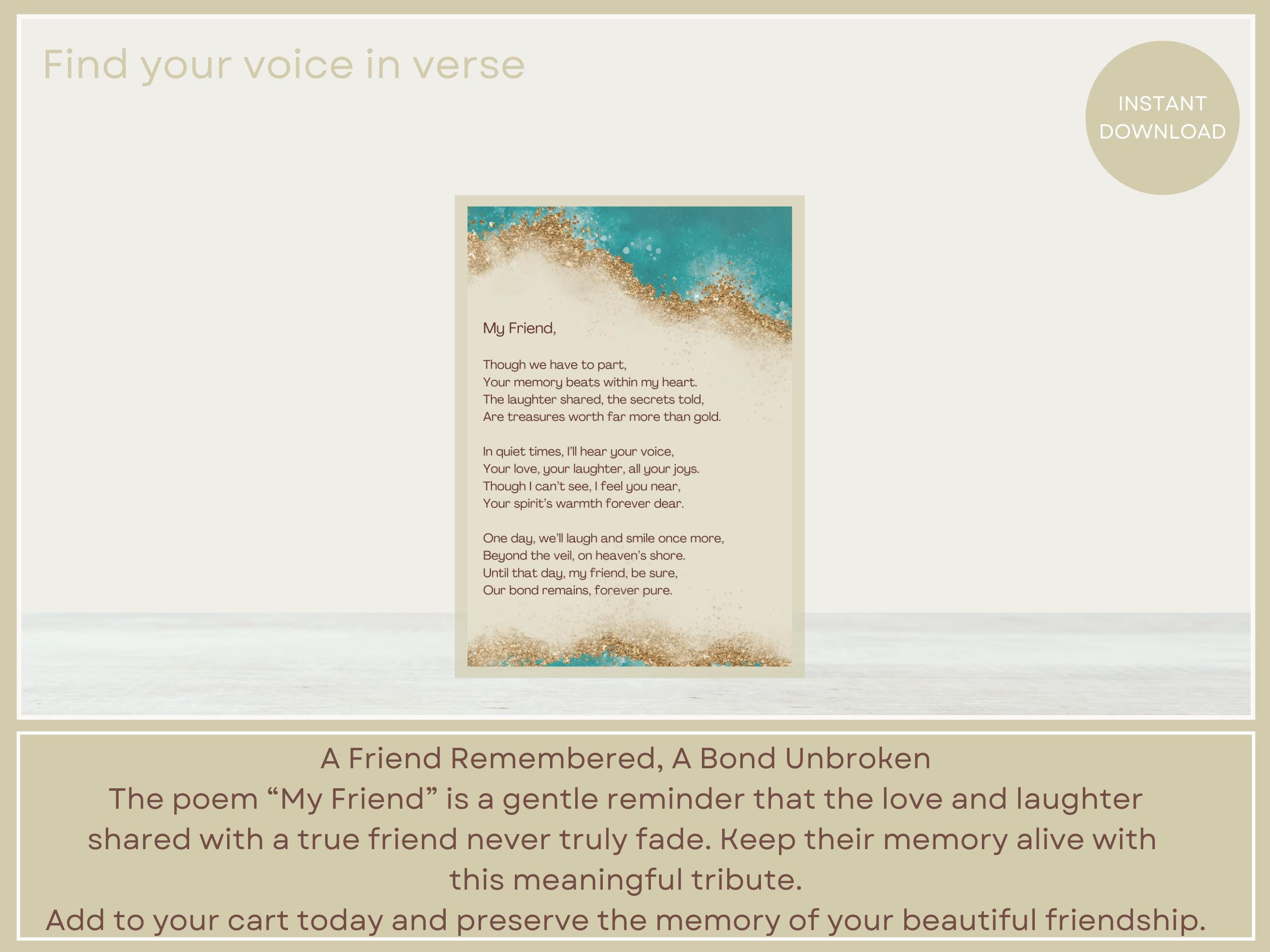 Funeral Poem for Best Friend Printable Tribute Memorial Display in ...
