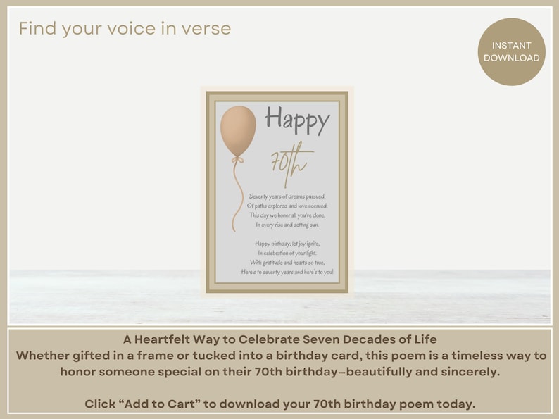 70th Birthday Poem Print: Milestone Gift, Keepsake Art (digital ...