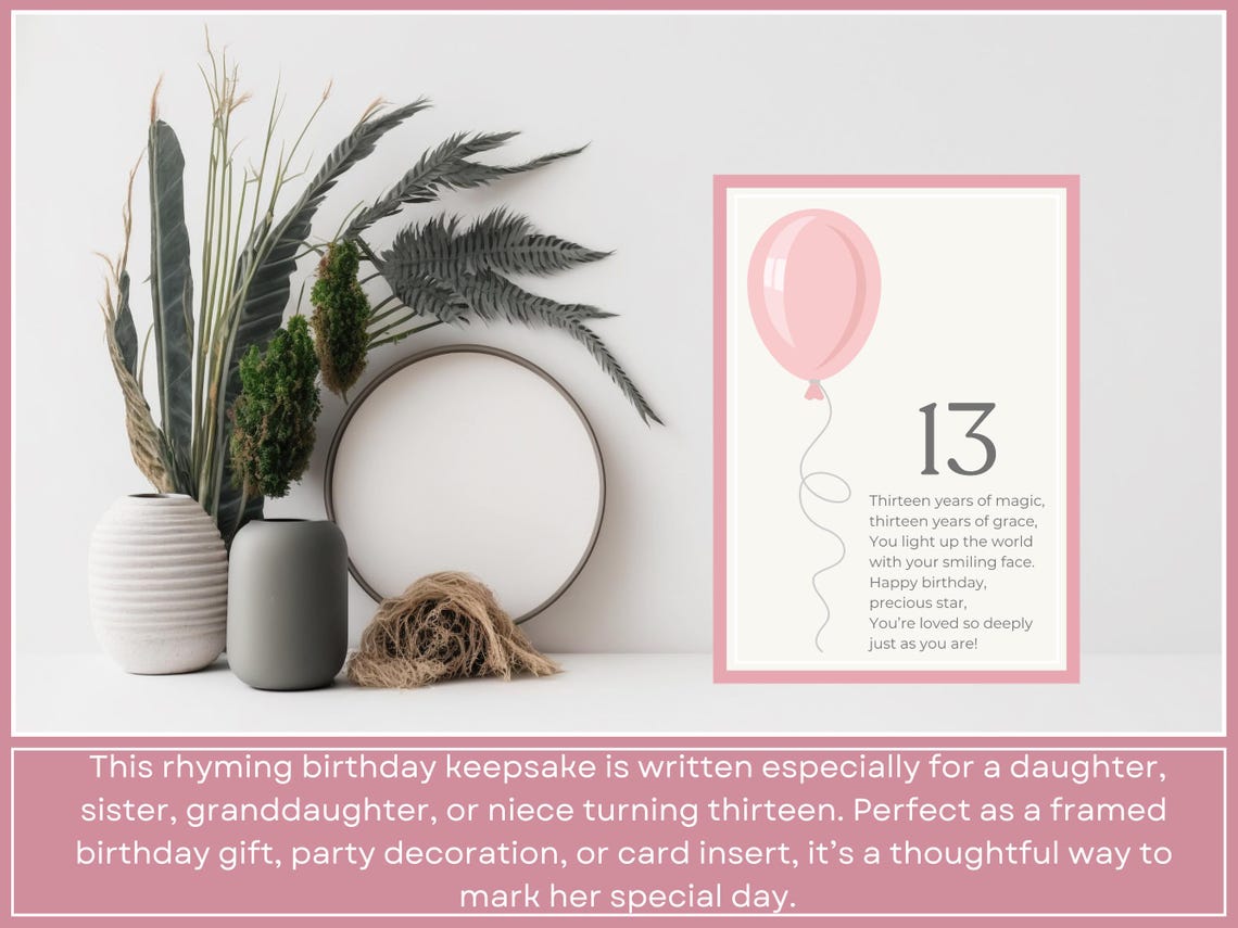 13th Birthday Poem Gift: Printable Keepsake for Teenage Girl (digital ...