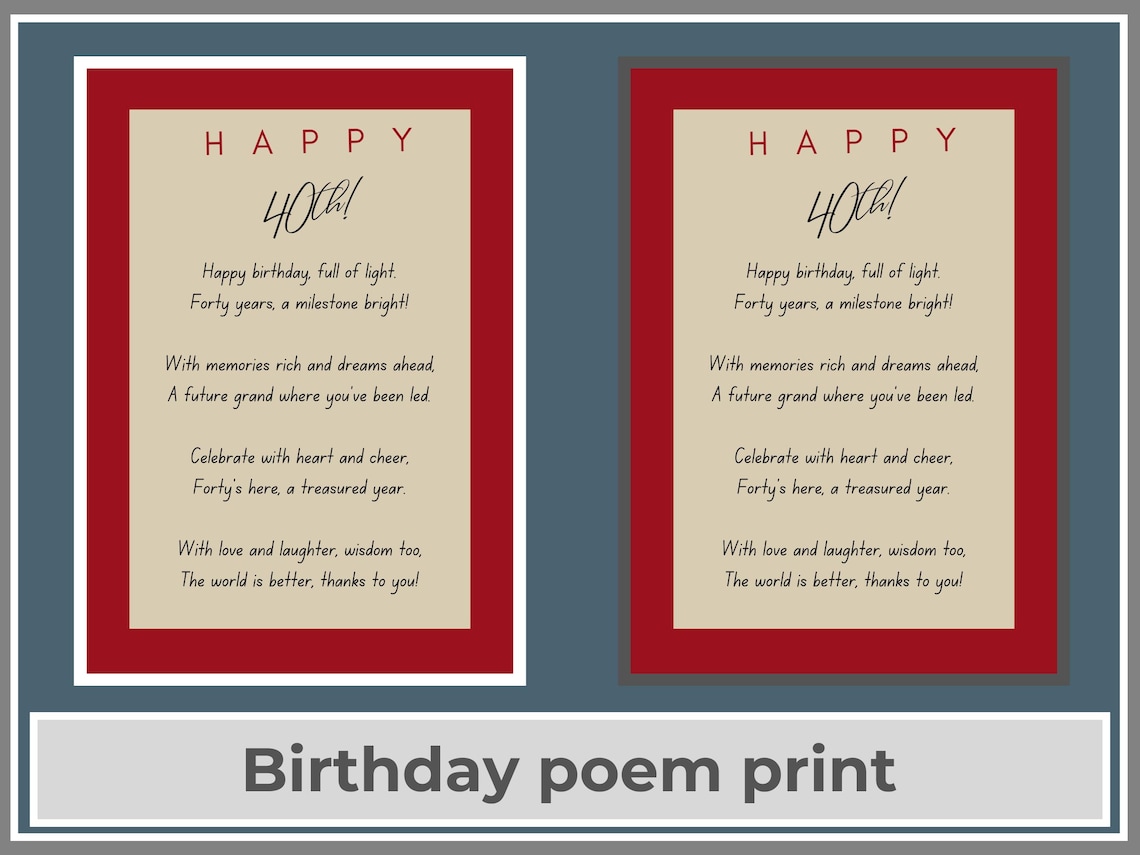 40th Birthday Poem Print Happy Birthday Wishes Printable Poem for Her ...