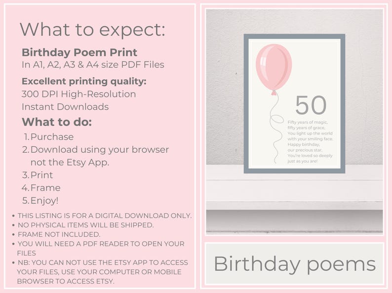 Heartfelt 50th Birthday Poem Printable for Mom Sister Gran Friend Wife ...