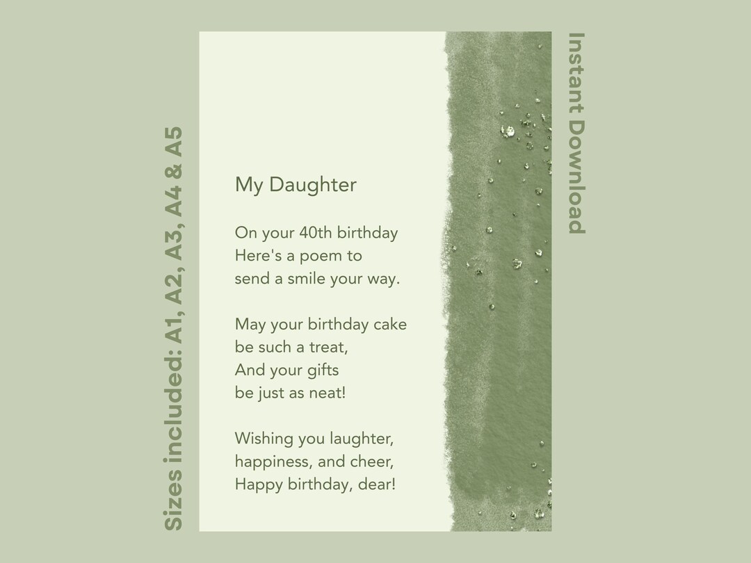 Happy 40th Birthday Poem for Daughter Printable Gift Best Wishes to ...