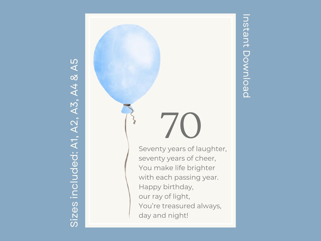 Happy 70th Birthday Poem for Him or Her Printable Seventieth Verse ...