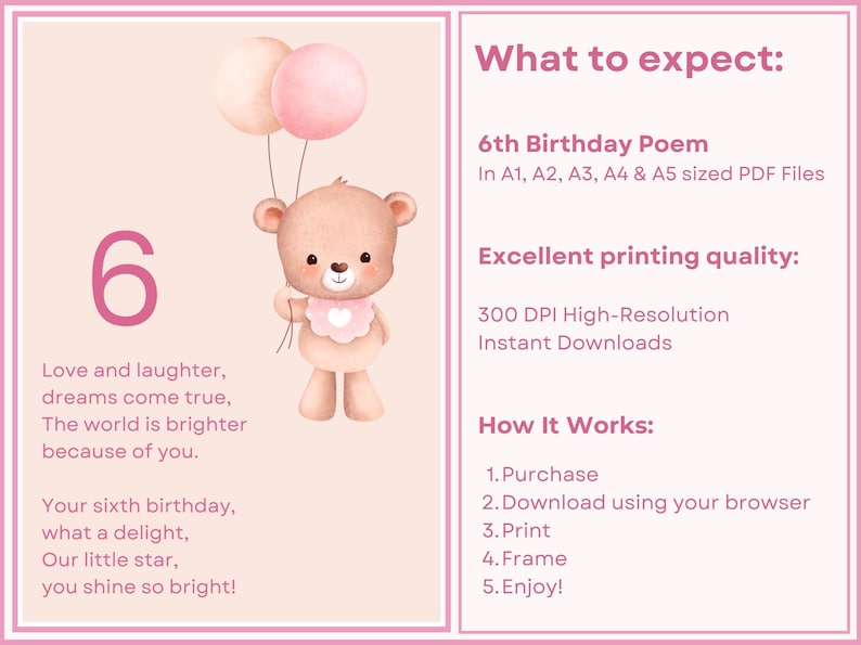 6th Birthday Poem Print: Daughter, Granddaughter, Niece Gift (digital ...