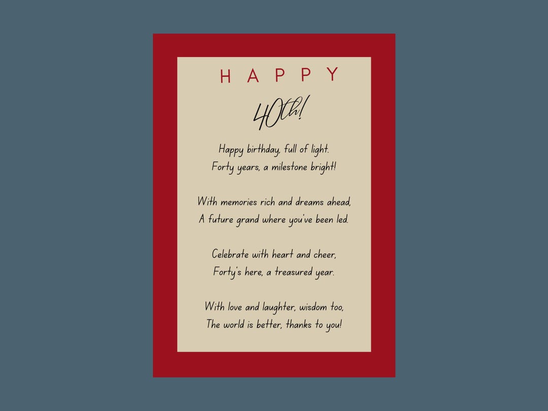 40th Birthday Poem Print Happy Birthday Wishes Printable Poem for Her ...