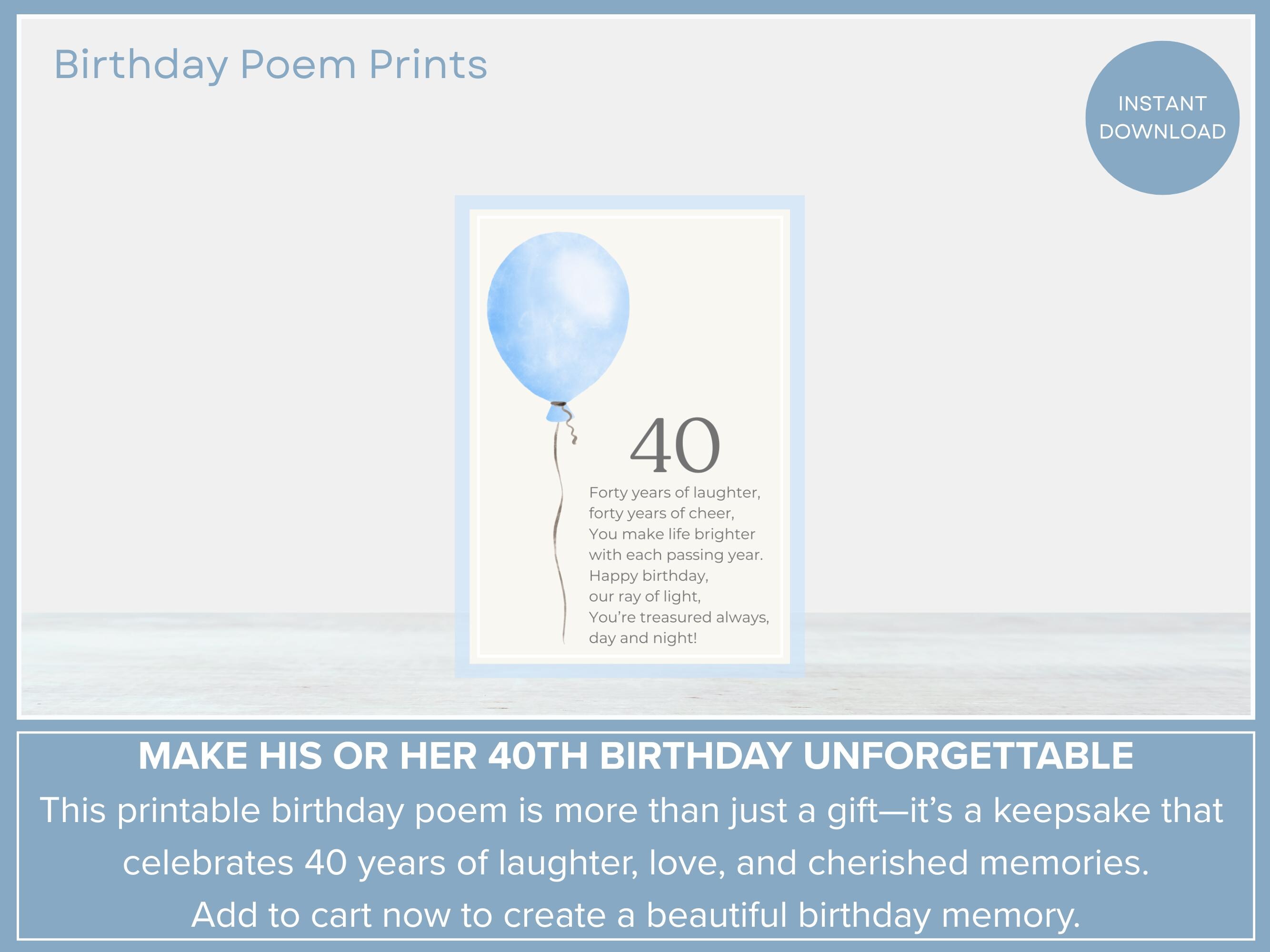 40th Birthday Poem Printable Milestone Gift Instant Download - Etsy UK