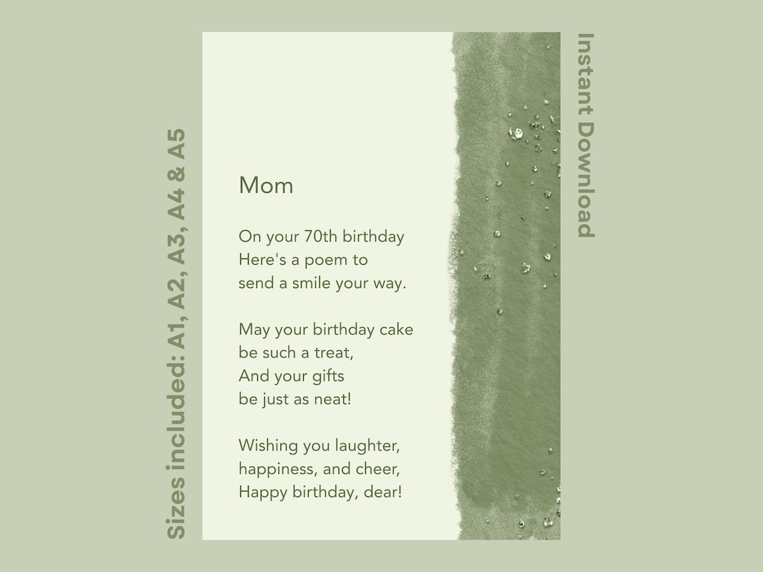 Happy 70th Birthday Poem for Mom Printable Celebration Verse for Mother ...