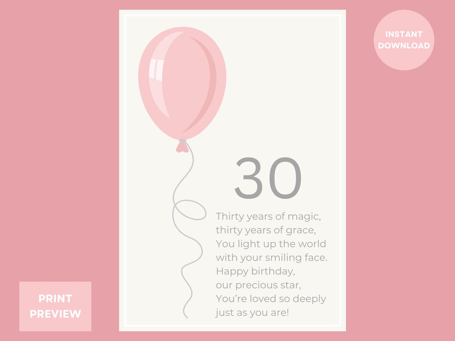 Happy 30th Birthday Poem Printable for Daughter Friend Sister Wife ...