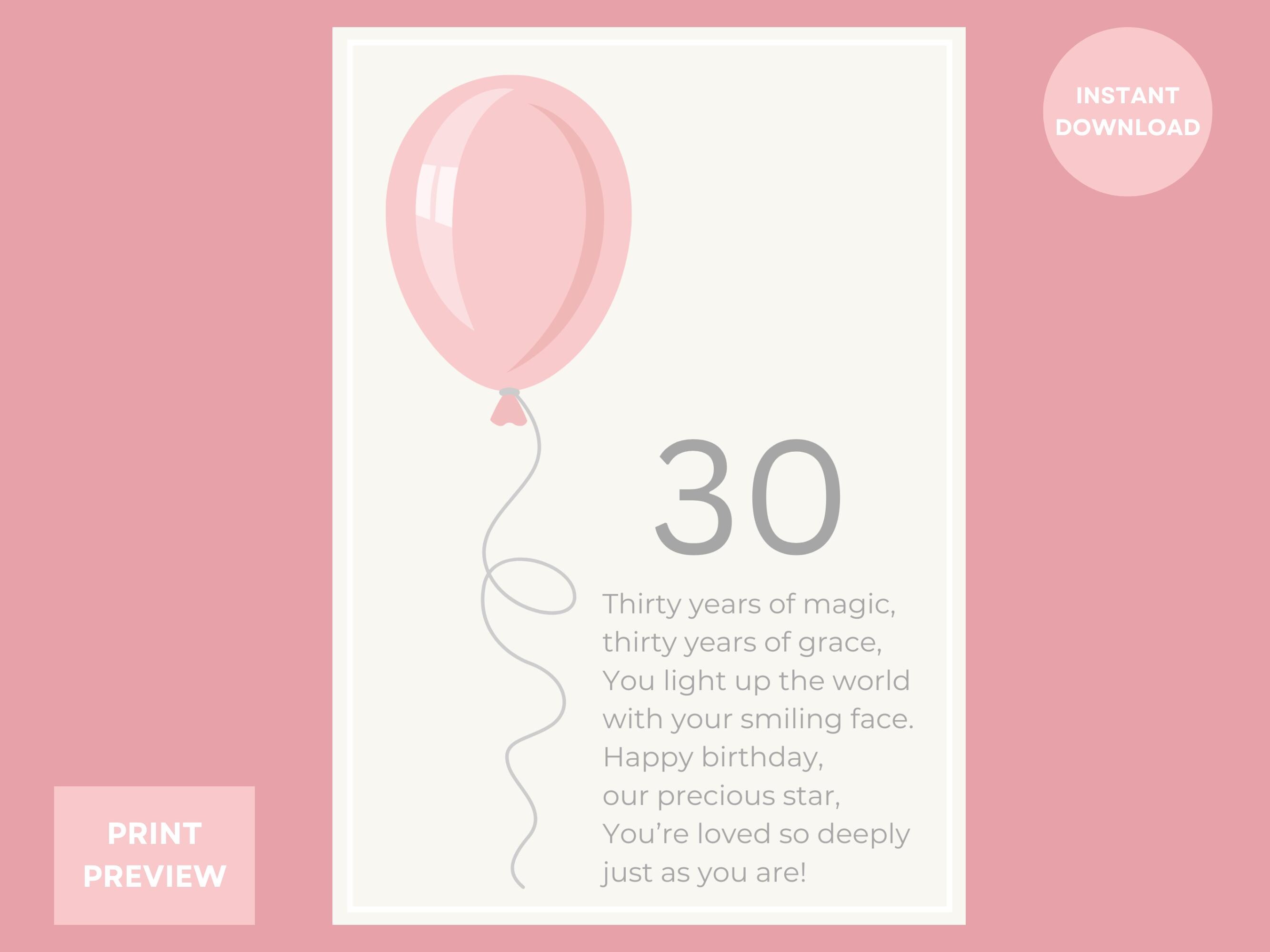 Happy 30th Birthday Poem Printable for Daughter Friend Sister Wife ...