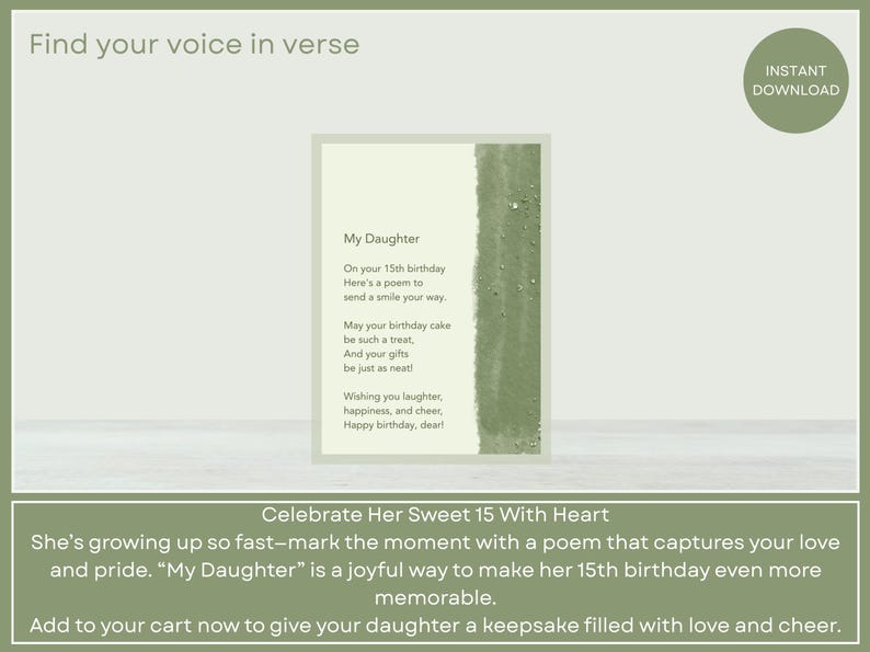 Happy 15th Birthday Poem for Daughter Printable Celebration Gift ...