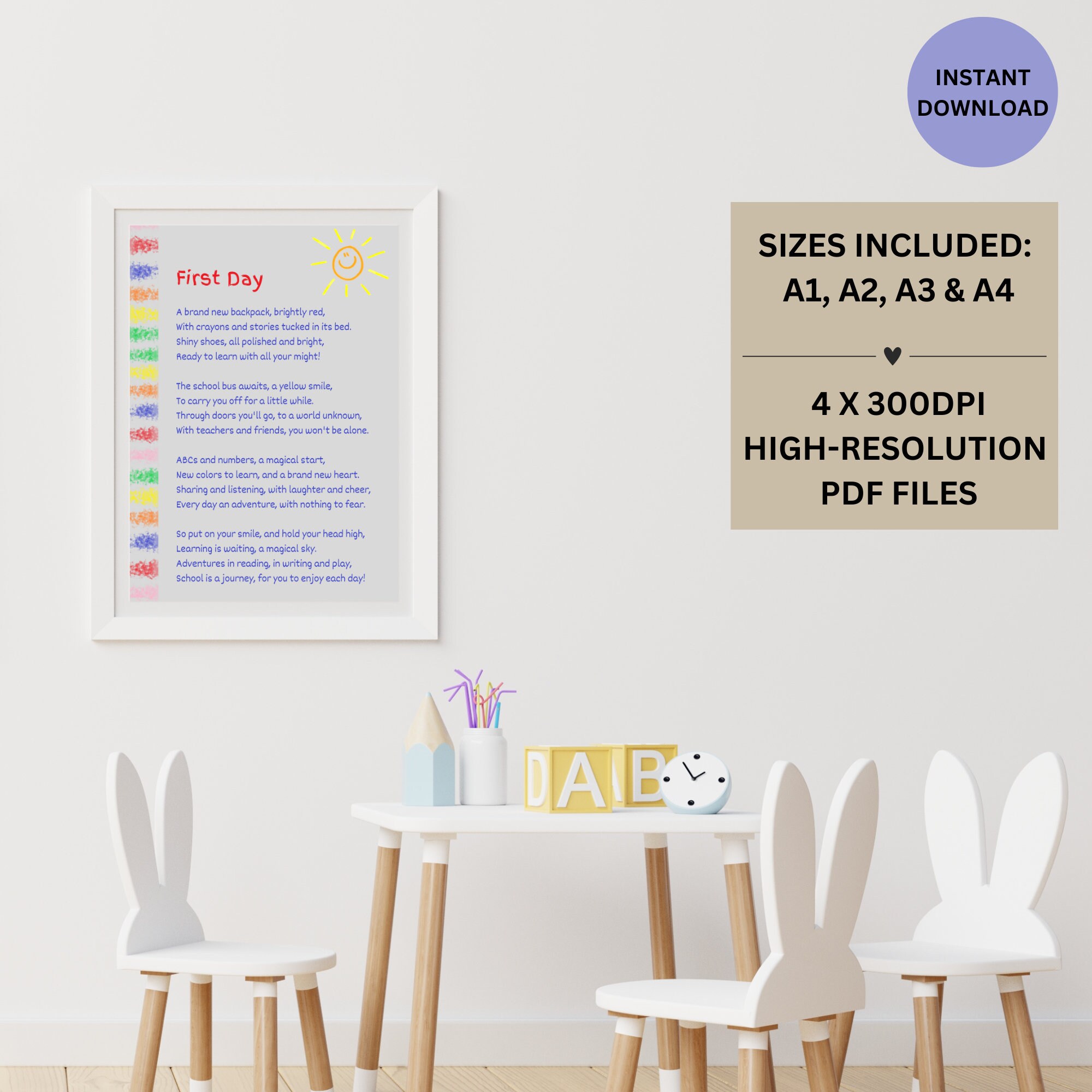 Charming Kids' First Day of School Poem Printable Wall Art, Minimalist ...