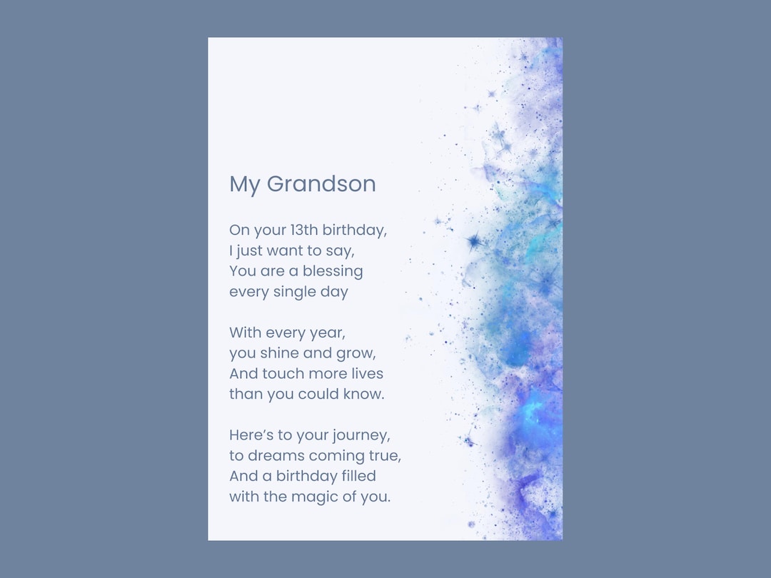 13th Birthday Poem for Grandson Printable Keepsake Gift Instant ...