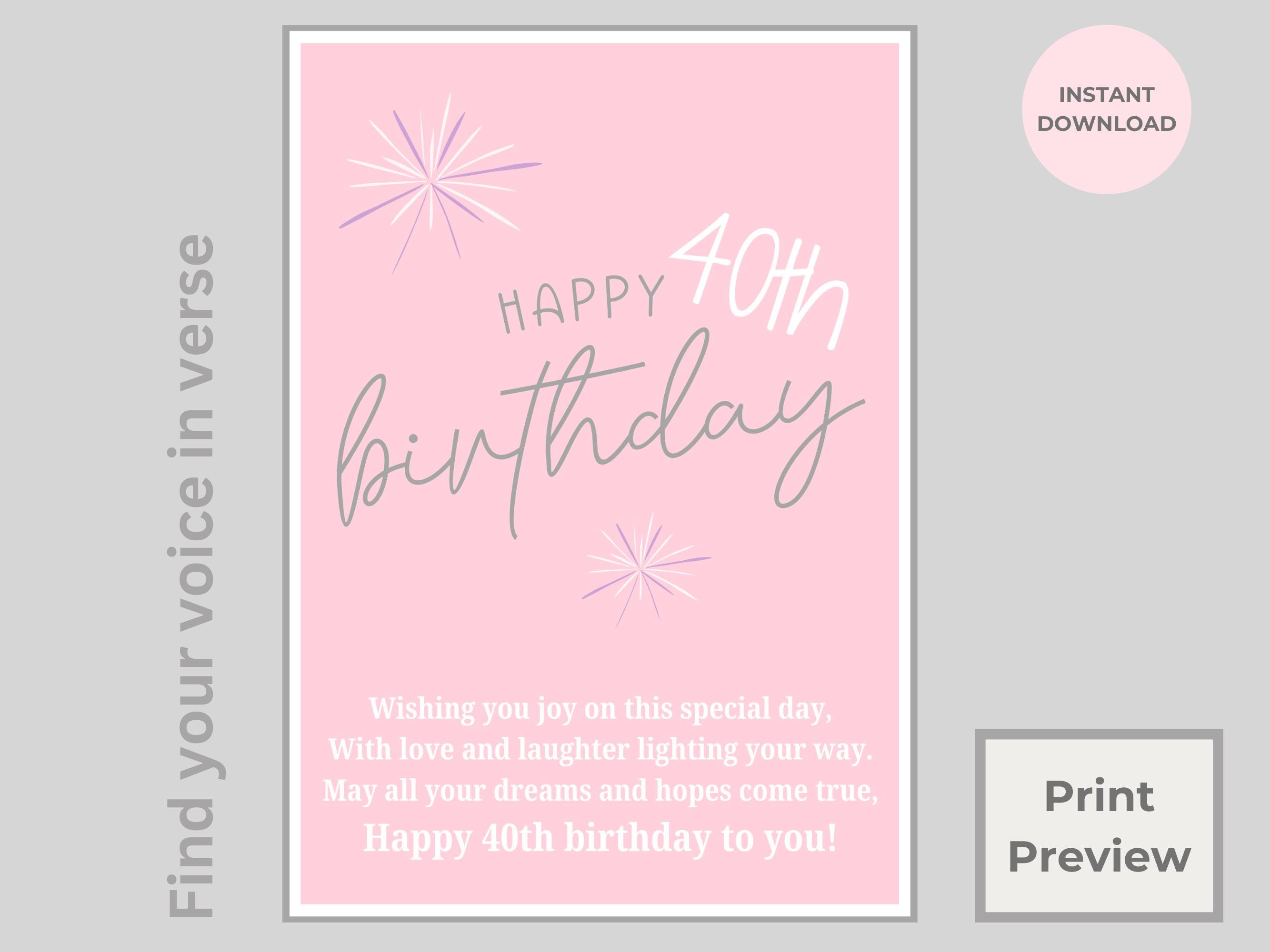 40th Birthday Poem Printable for Daughter Sister Friend Wife Instant ...
