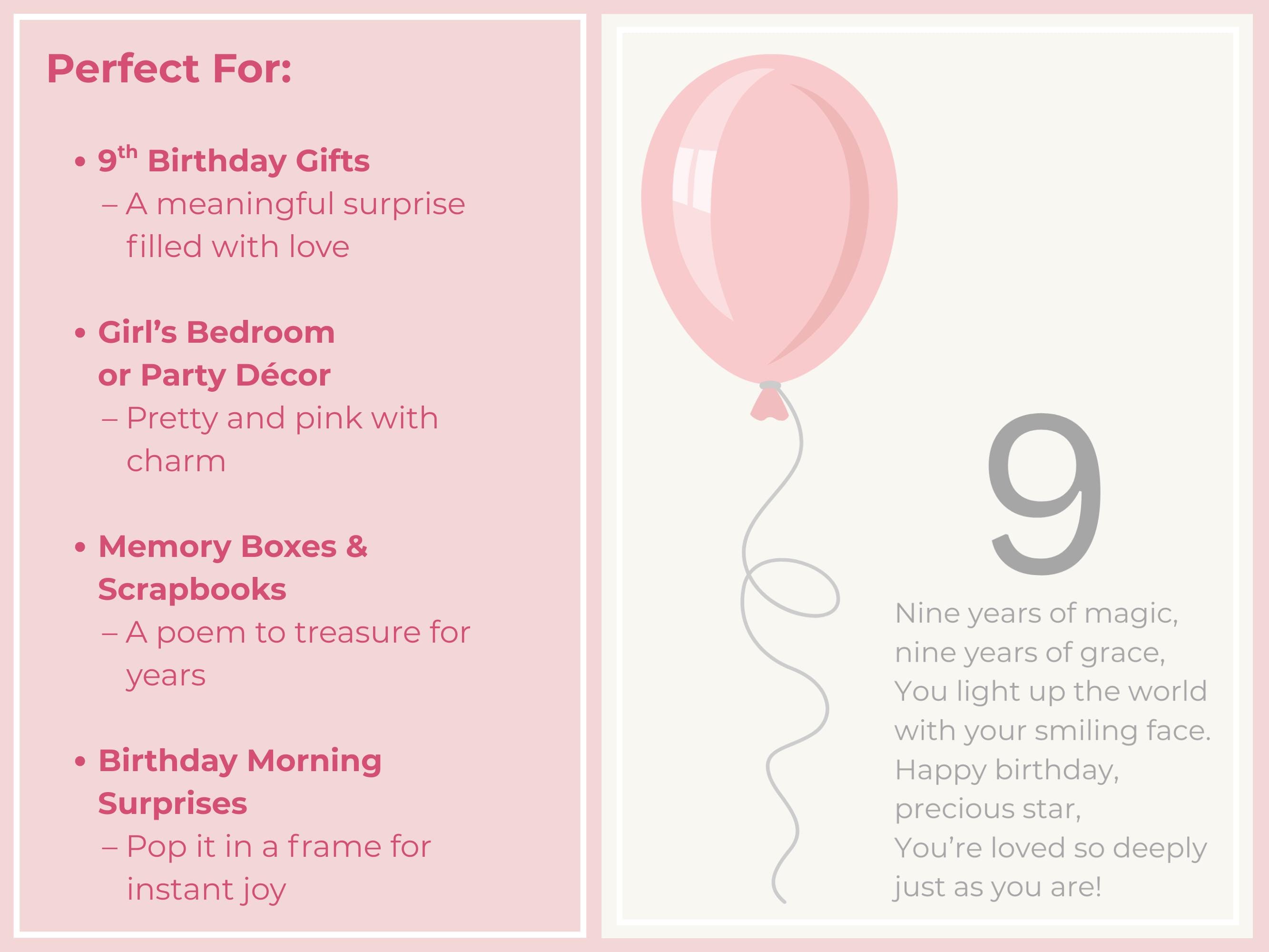 9th Birthday Poem Print for Daughter Granddaughter or Any Little Girl ...