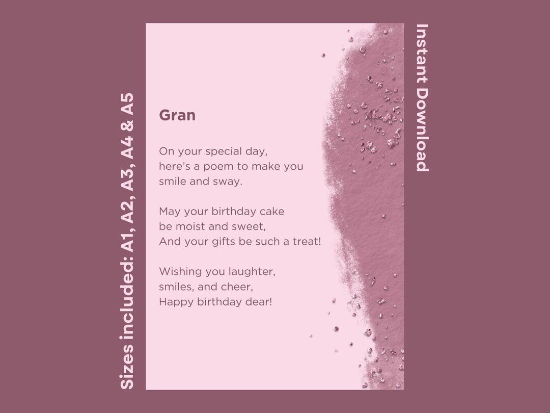 Happy Birthday Poem for Gran Printable Party Decor Instant Download ...
