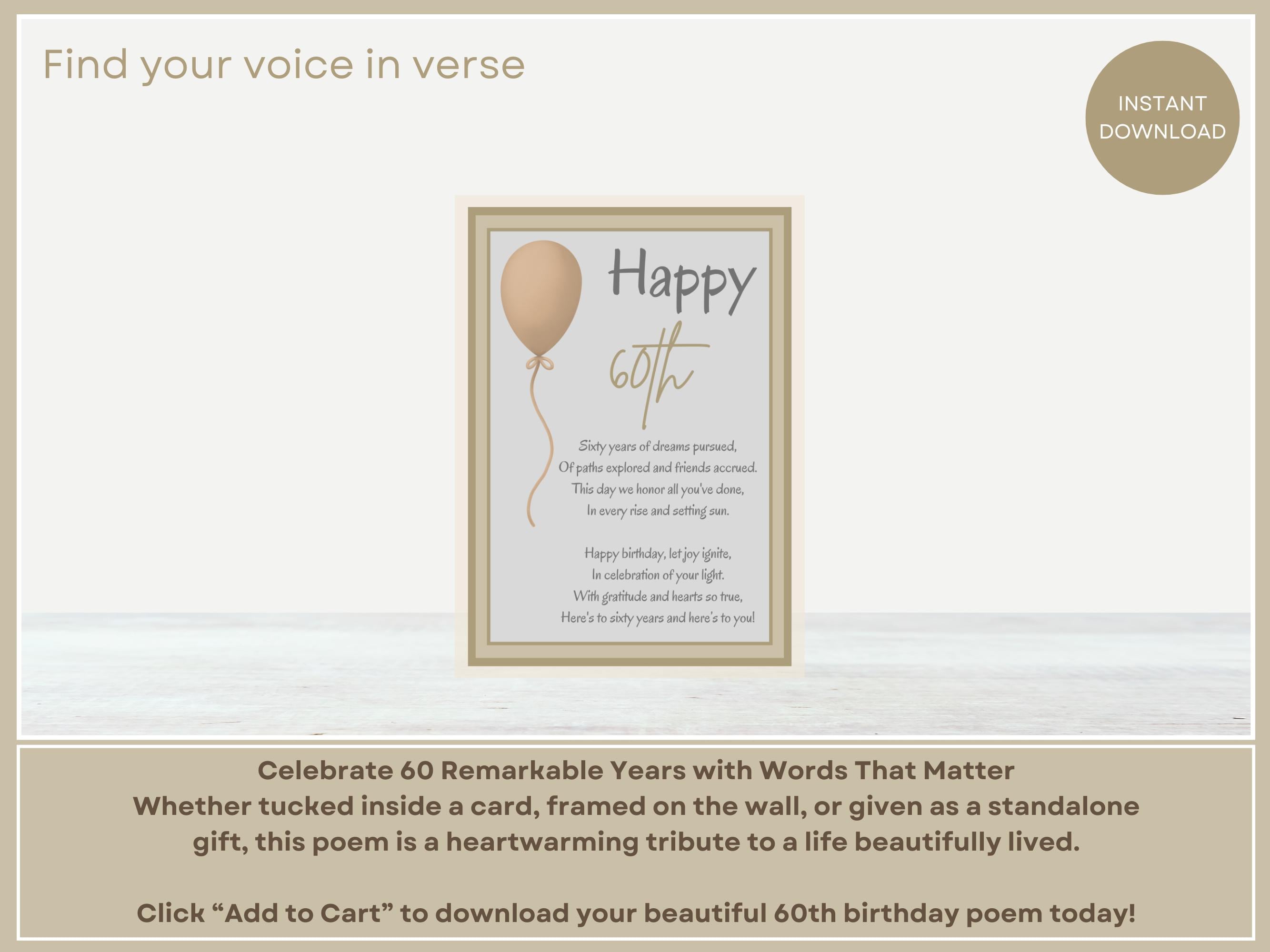60th Birthday Poem Print Milestone Keepsake Instant Download - Etsy UK