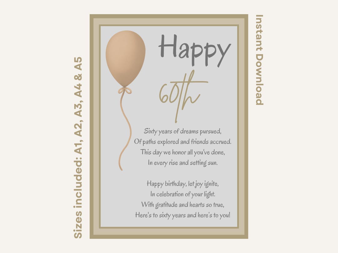 Happy 60th Birthday Poem Printable for Him or Her Instant Download 60th ...