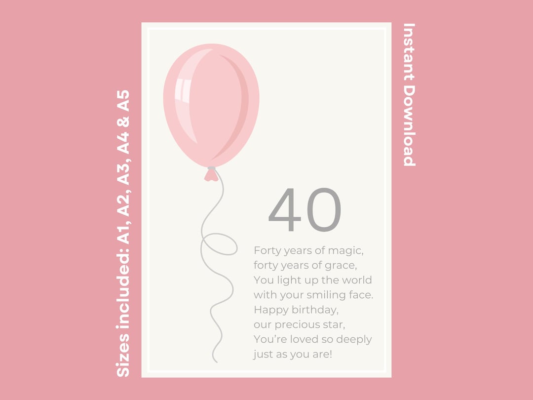 Happy 40th Birthday Poem Printable for Daughter Sister Friend Wife ...