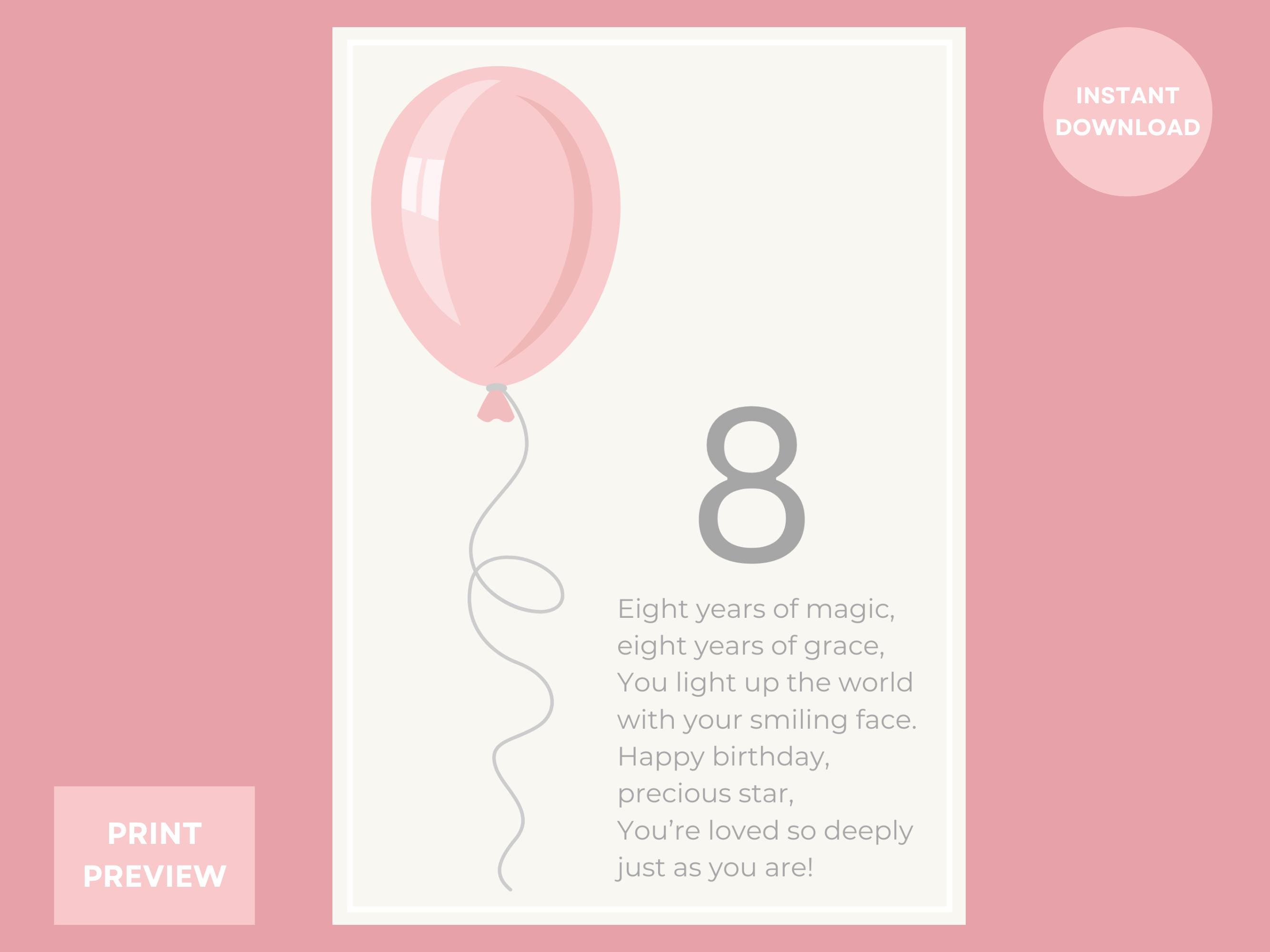 8th Birthday Poem Print: Pink Balloon Girl's Gift (digital Download) - Etsy