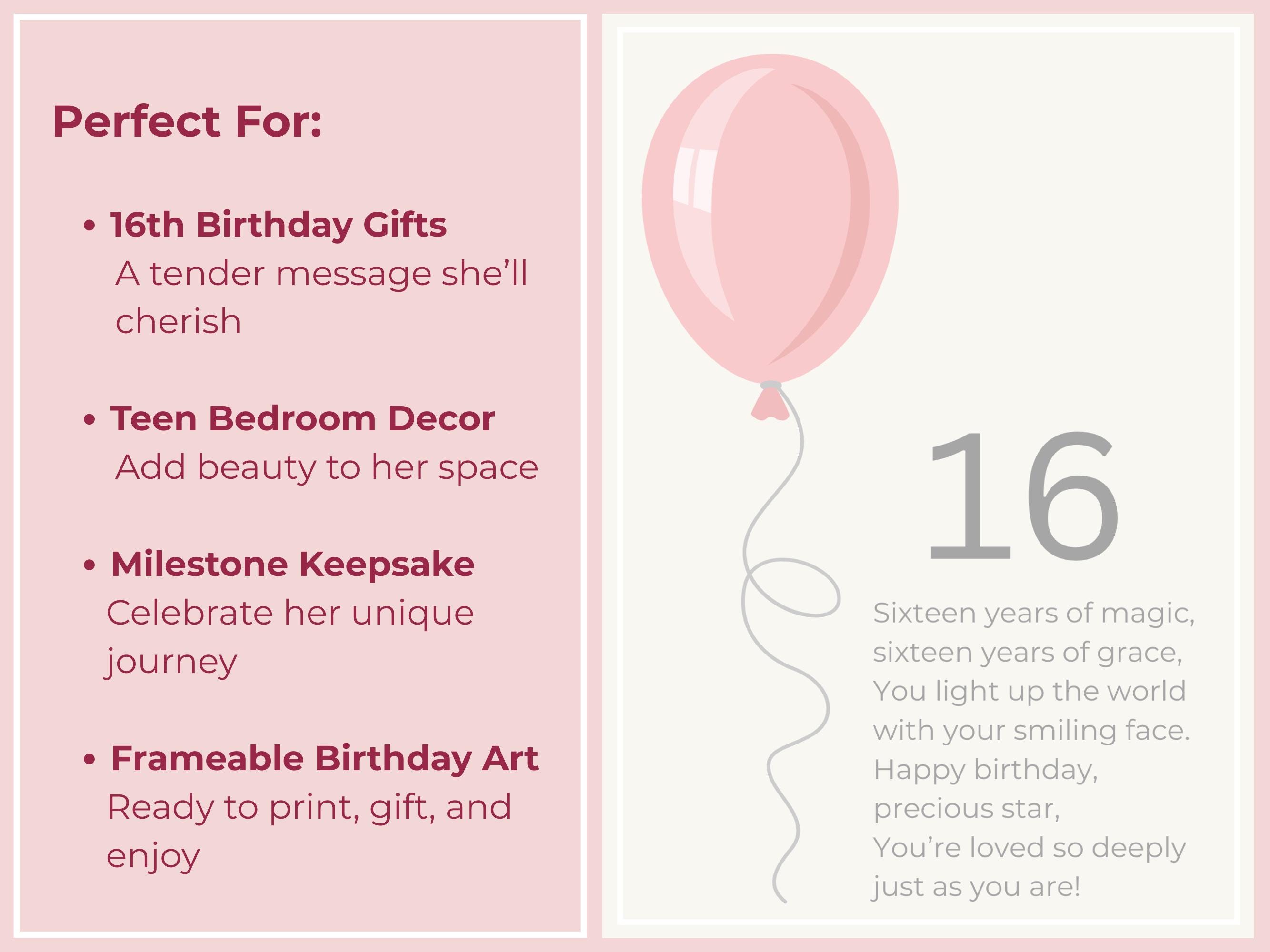 Happy 16th Birthday Poem Printable for Daughter Granddaughter Sister ...