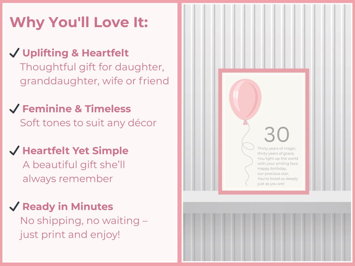 Happy 30th Birthday Poem Printable for Daughter Friend Sister Wife ...