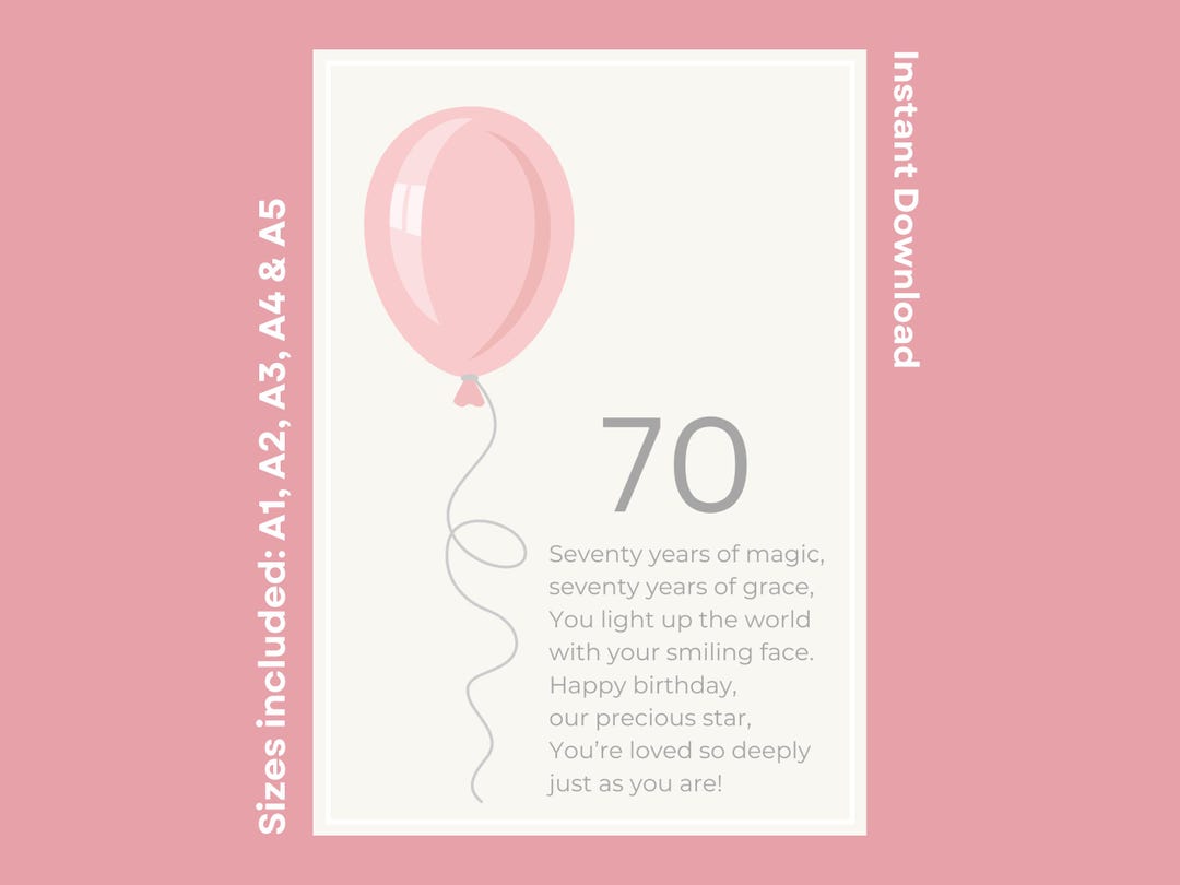 Buy Happy 70th Birthday Poem for Mom Gran Sister Friend Wife Printable ...