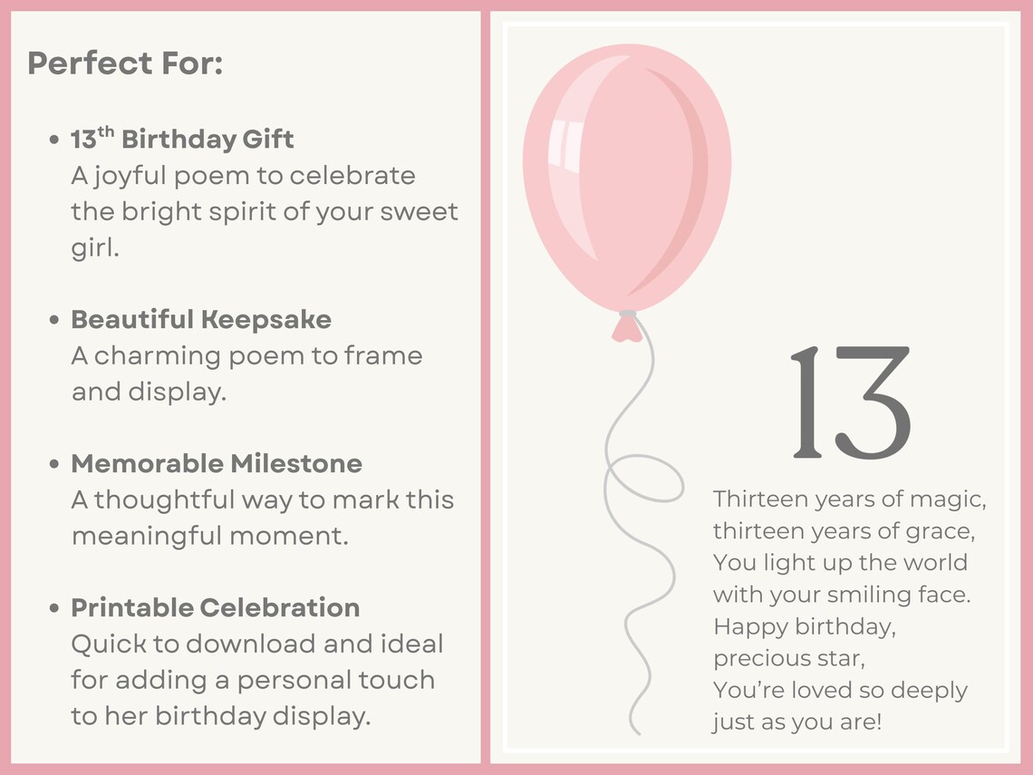 13th Birthday Poem Gift: Printable Keepsake for Teenage Girl (digital ...