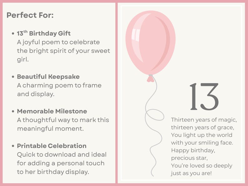 13th Birthday Poem Gift: Printable Keepsake for Teenage Girl (digital ...