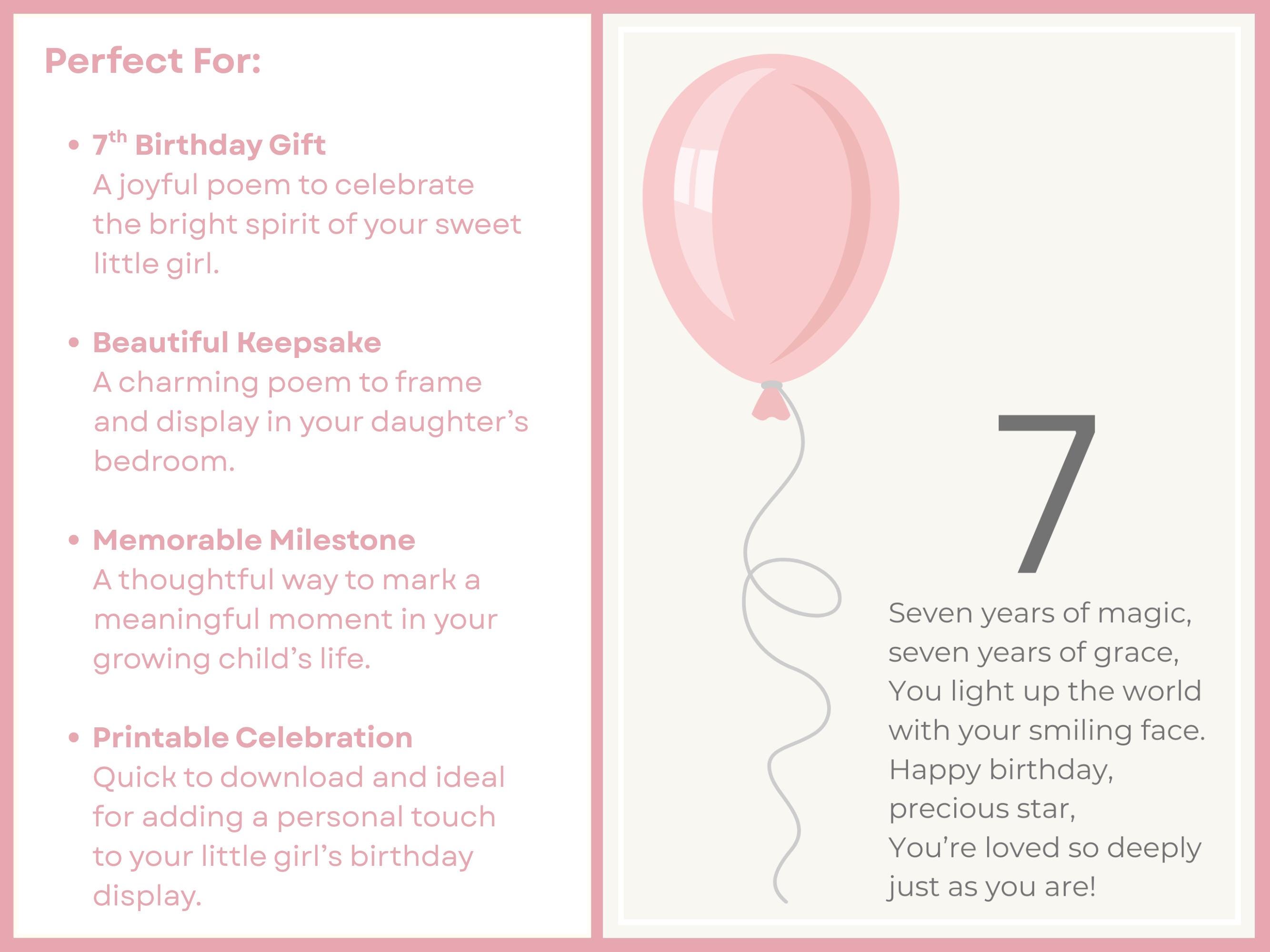 7th Birthday Poem Printable Pink Celebration Gift Instant Download - Etsy