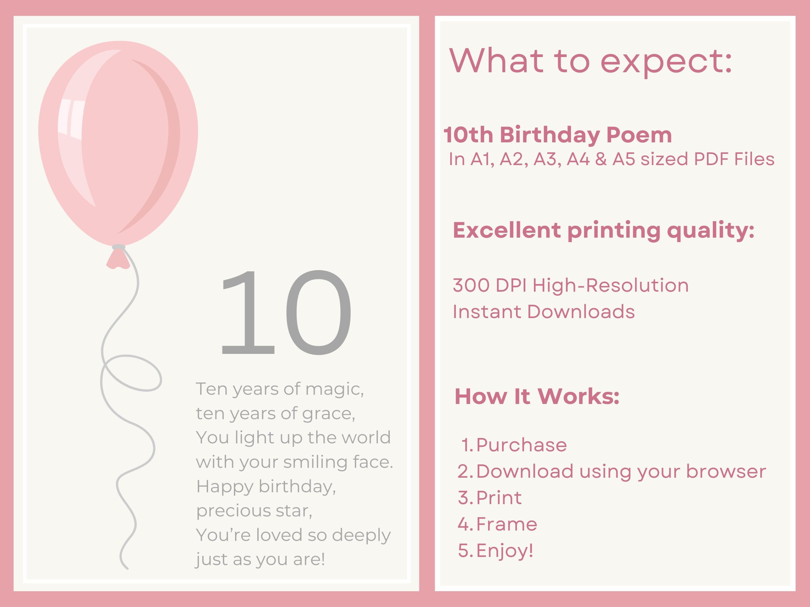 10th Birthday Poem Printable for Daughter or Granddaughter Instant ...