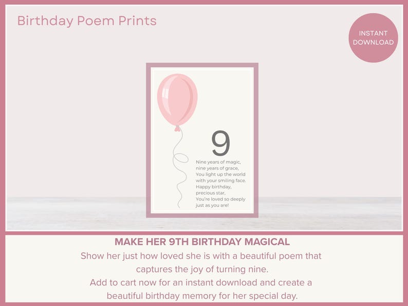 9th Birthday Poem Printable With Pink Balloon Heartfelt Gift Instant ...