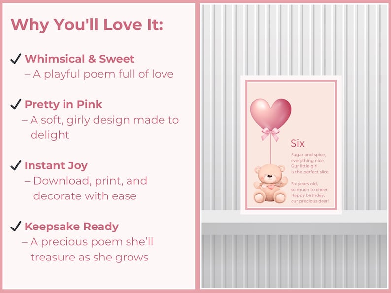 6th Birthday Poem Print: Pink Keepsake Gift (digital Download) - Etsy